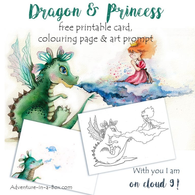 Dragon & Princess: Free Printable Card, Colouring Page and Drawing